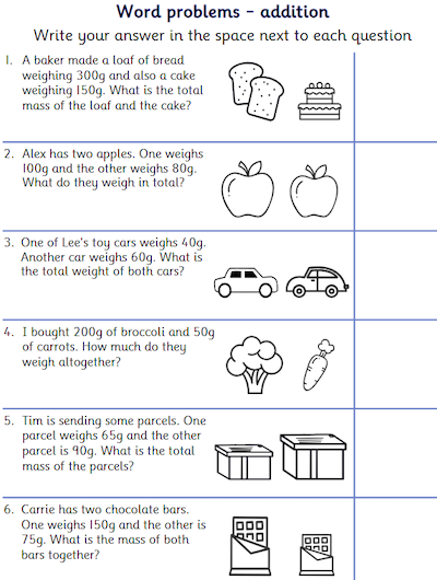 Worksheet: One-Step Addition Problems Involving Mass - Topmarks