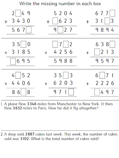 Worksheet: Missing Number and Addition Problems, 4-Digit Numbers - Topmarks