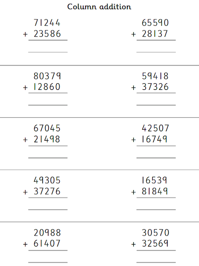 Worksheet: Column Addition of Two 5-Digit Numbers - Topmarks