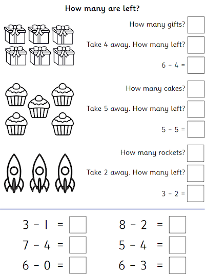 Worksheet: Problems involving Subtraction within 8 - Topmarks