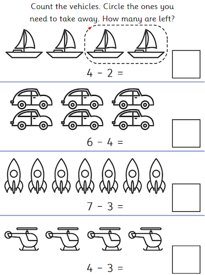 Worksheet: Subtraction within 7, Transport Theme - Topmarks