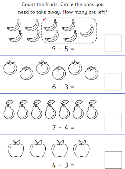 Worksheet: Subtraction within 10, Fruit Theme - Topmarks