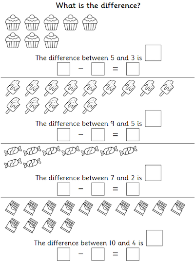 Worksheet: Finding the Difference within 10, Treats Theme - Topmarks