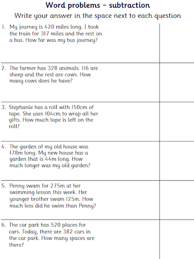 Worksheet: Subtraction Word Problems, up to 3-Digits - Topmarks