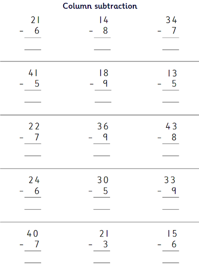 Worksheet: Subtract 2-Digit Numbers and Ones, with Decomposition - Topmarks