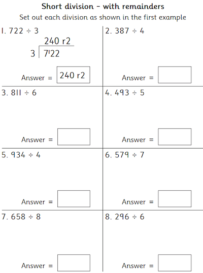 Worksheet: Short Division, 3-Digit Numbers with Remainders - Topmarks