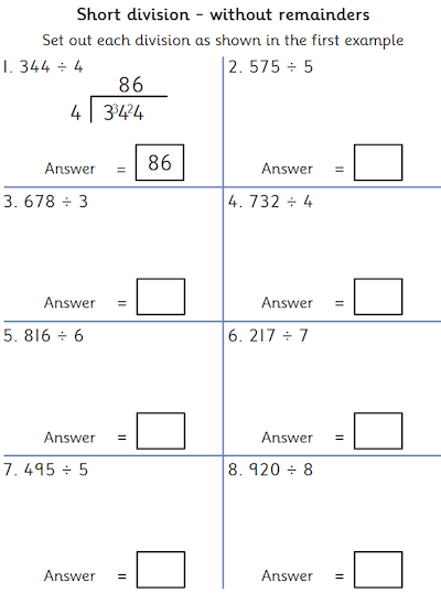 Worksheet: Short Division, 3-Digit Numbers without Remainders - Topmarks