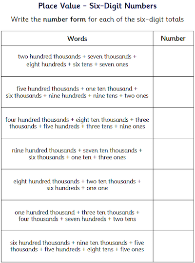Worksheet: Write Six-Digit Numbers - Topmarks