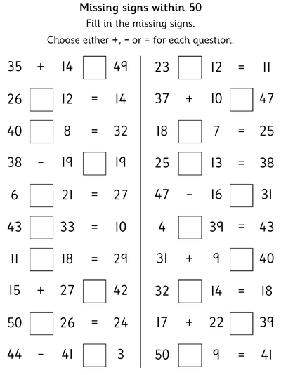 Worksheet: Missing Signs: Add, Minus or Equals within 50 - Topmarks
