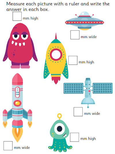 Worksheet: Measure Heights and Widths, Space Theme - Topmarks