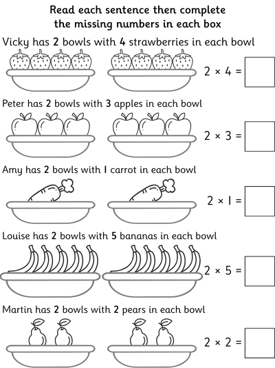Worksheet: Multiplication with Pictorial Representation, Food - Topmarks