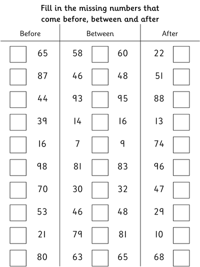 Worksheet: Numbers to 100, One More, One Less, In Between - Topmarks