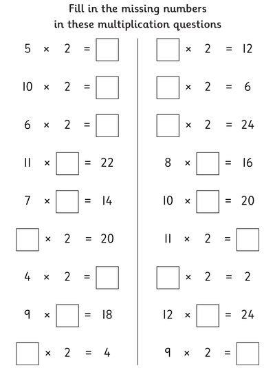 Worksheet: Finding Missing Numbers, 2 Times Table - Topmarks