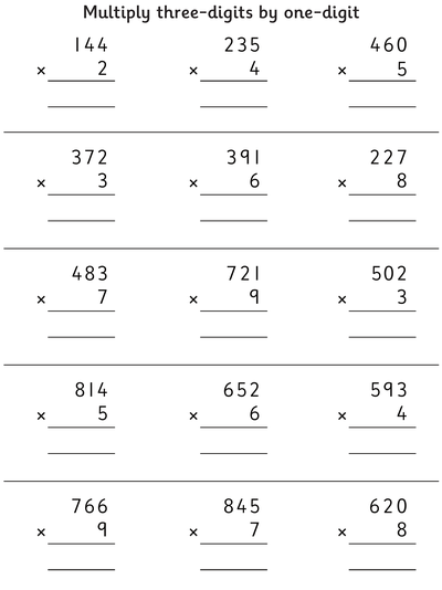 Worksheet: Short Multiplication of Three-Digit Numbers, up to ×9 - Topmarks