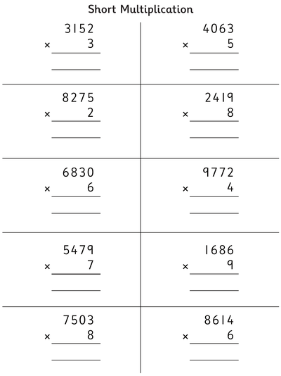 Worksheet: Short Multiplication of Four-Digit Numbers, up to ×9 - Topmarks