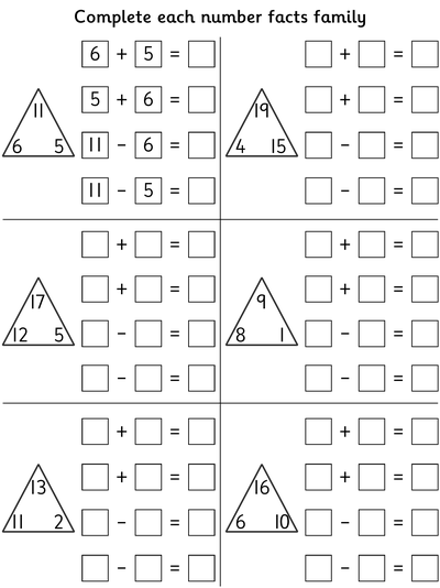 Worksheet: Complete Number Fact Families within 20 - Topmarks