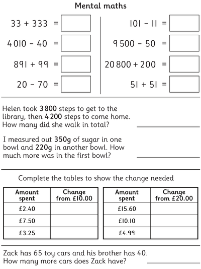 Worksheet: Mental Maths, Addition and Subtraction - Topmarks