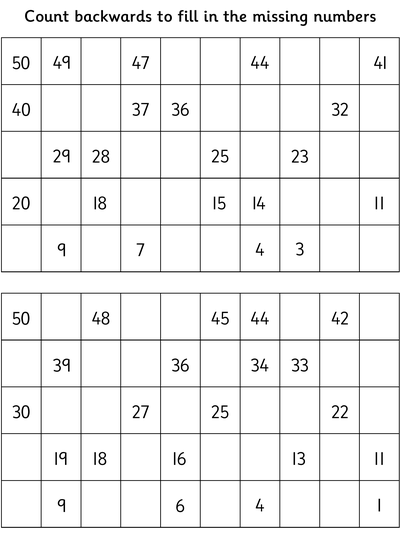 Worksheet: Counting Back from 50 - Topmarks