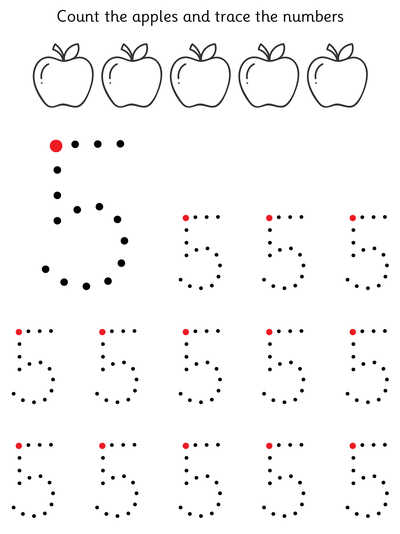 Worksheet: Count and Trace, Five - Topmarks
