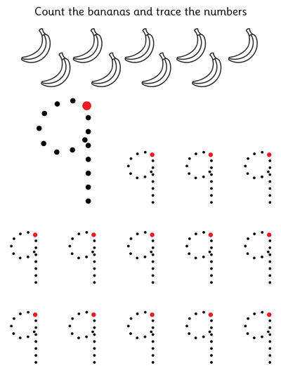 Worksheet: Count and Trace, Nine - Topmarks