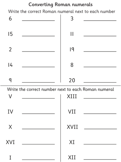 Worksheet: Read and Convert Roman Numerals to 20 - Topmarks