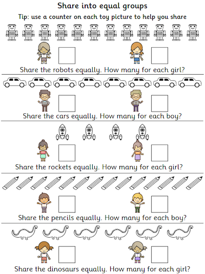 Worksheet: Sharing Small Quantities into Two Groups, Toys - Topmarks