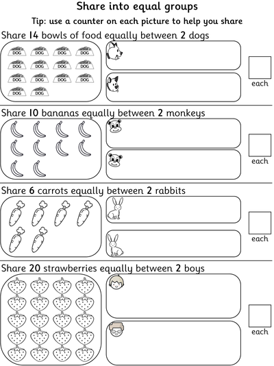 Worksheet: Sharing up to Twenty into Two Equal Groups, Food - Topmarks