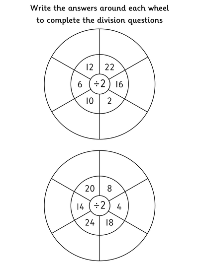 Worksheet: Dividing by Two, Division Wheels - Topmarks