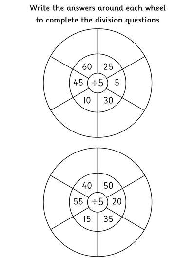 Worksheet: Dividing by Five, Division Wheels - Topmarks