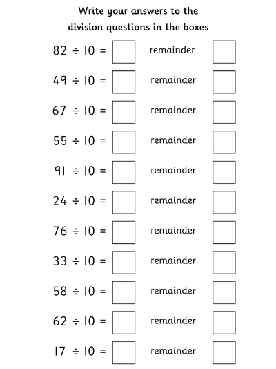 Worksheet: Dividing by Ten within 100, with Remainders - Topmarks