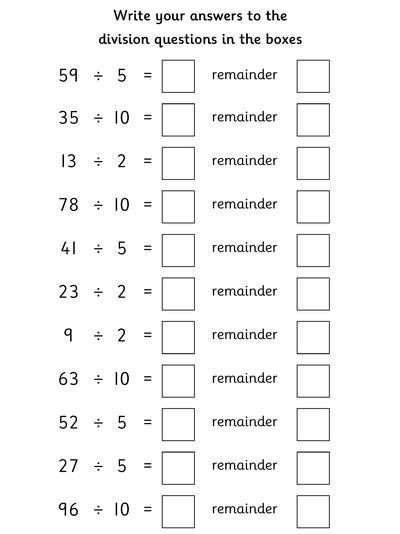 Worksheet: Dividing by 2, 5 and 10, with Remainders - Topmarks