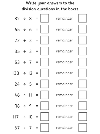 Worksheet: Division with Remainders, up to 12x Table - Topmarks