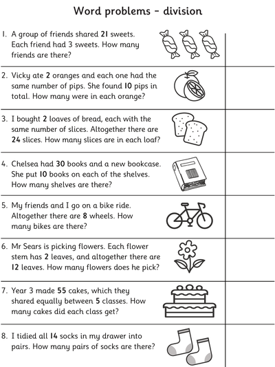 Worksheet: Word Problems involving Division - Topmarks