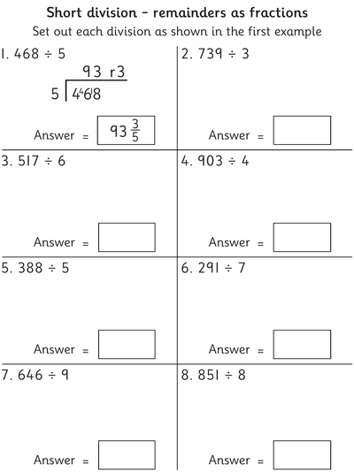 Worksheet: Short Division of 3-Digits, Fractional Remainders - Topmarks