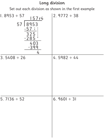 Worksheet: Long Division of 4-Digit Numbers by 2-Digit Numbers - Topmarks