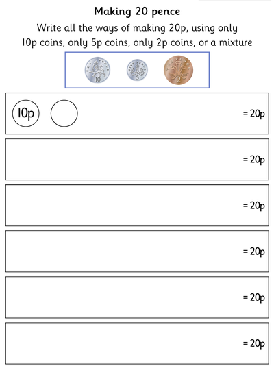 Worksheet: Making Amounts, Coins to Make 20p - Topmarks