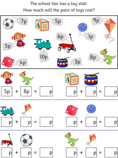 Worksheet: Addition of Money up to 20p - Topmarks