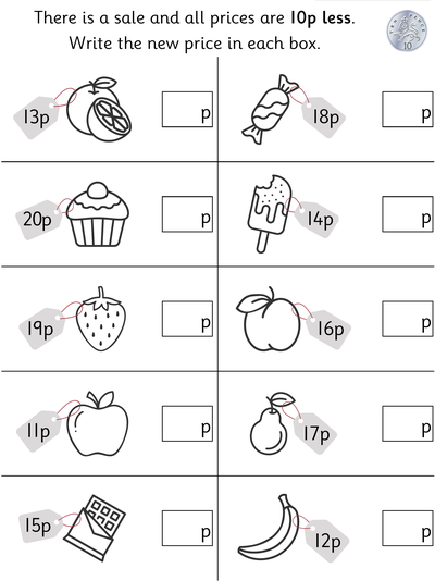 Worksheet: Subtraction of Money within 20p - Topmarks