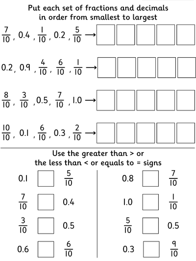 Worksheet: Ordering Tenths as Fractions and Decimals - Topmarks