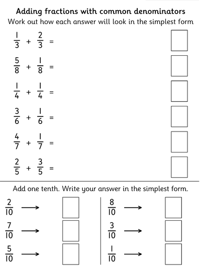 Worksheet: Adding Fractions with Common Denominators - Topmarks