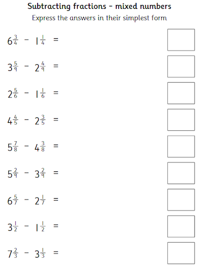 Worksheet: Subtract Mixed Numbers with Common Denominators - Topmarks