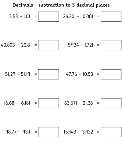Worksheet: Subtracting Decimals to 3 Decimal Places - Topmarks