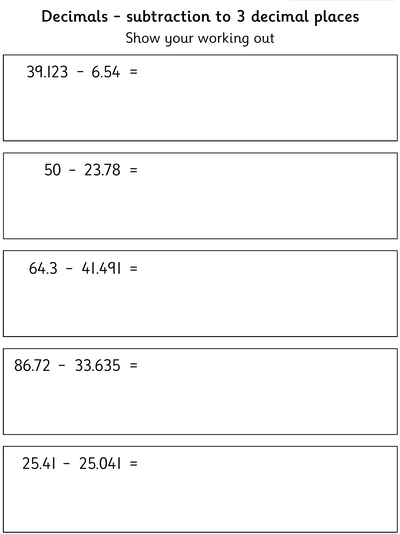 Worksheet: Subtracting Decimals to 3 Decimal Places with Decomposition ...