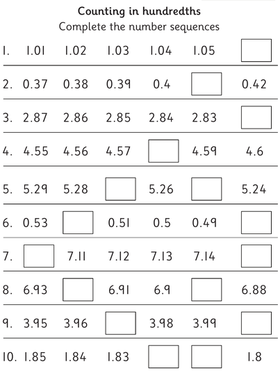 Worksheet: Decimal Counting in Hundredths, Forwards and Backwards ...