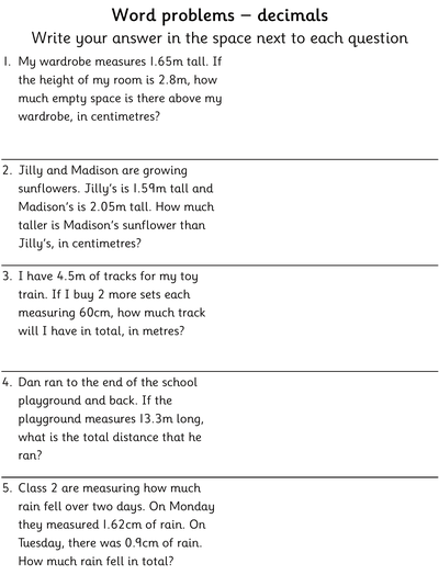 Worksheet: Word Problems involving Decimal Distances - Topmarks