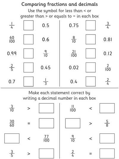 Worksheet: Comparing Fractions and Decimals - Topmarks