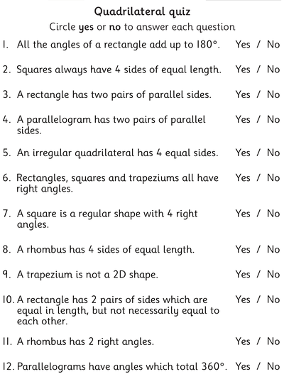Worksheet: Properties of Quadrilaterals Quiz - Topmarks