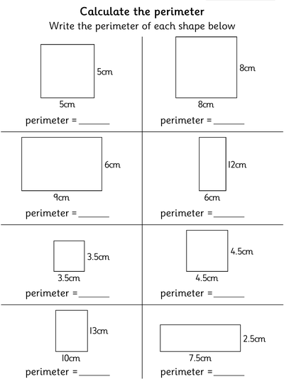 Worksheet: Finding the Perimeter of Squares and Rectangles, cm - Topmarks