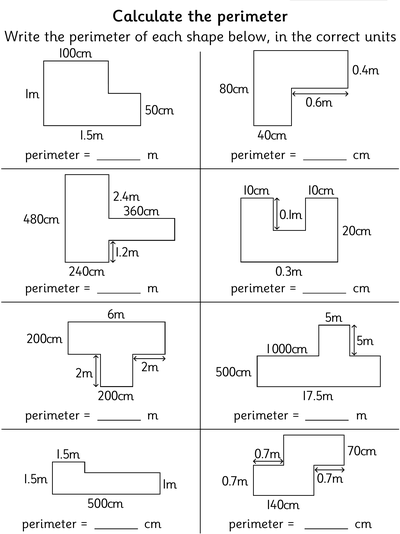 Worksheet: Perimeters of Composite Rectilinear Shapes, Mixed Units ...