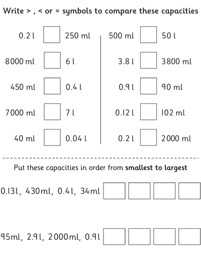 Worksheet: Comparing and Ordering Capacity – Mixed Units - Topmarks